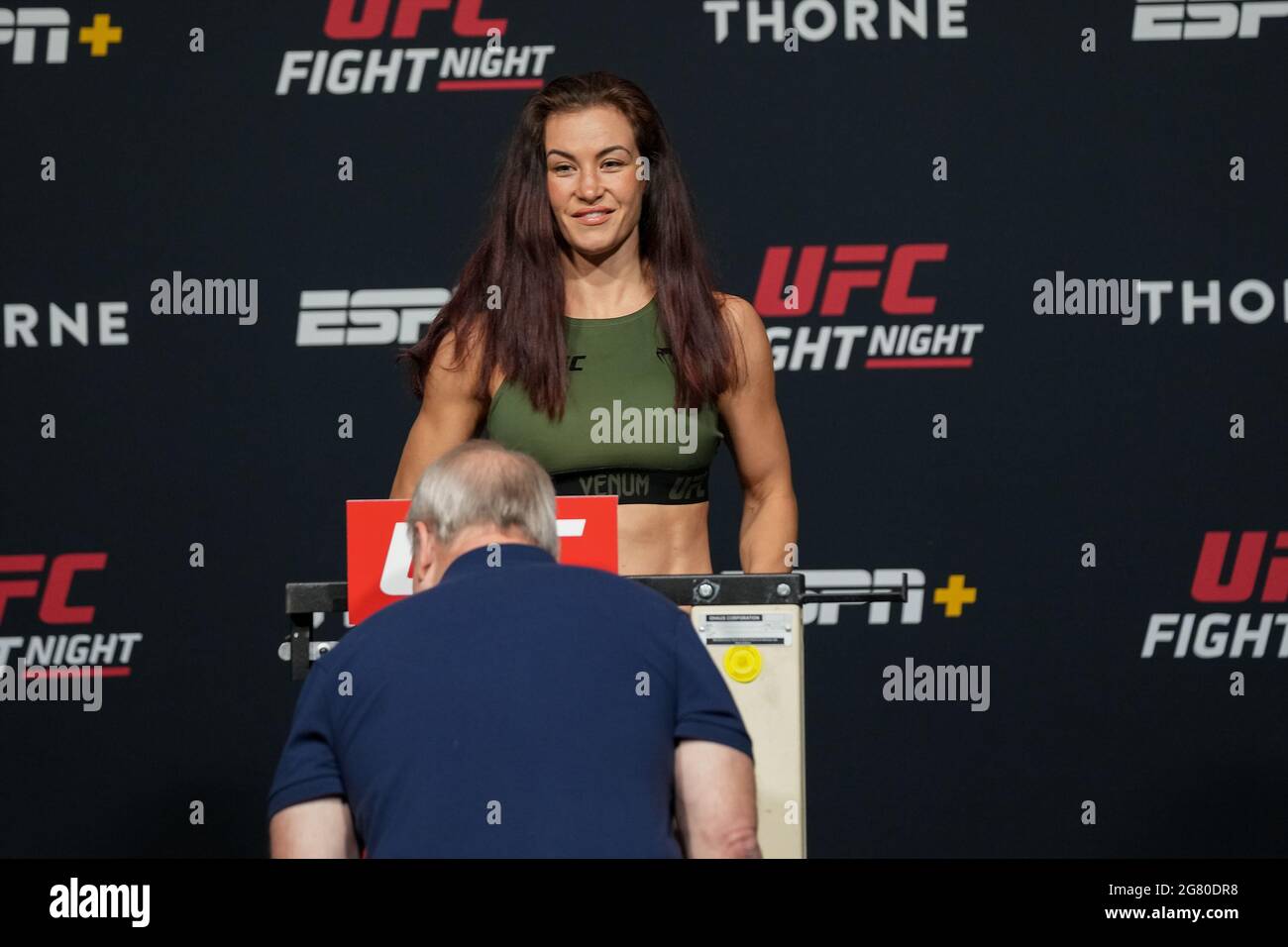 Las Vegas, USA. 16th July, 2021. Miesha Tate steps on the scale for the ...