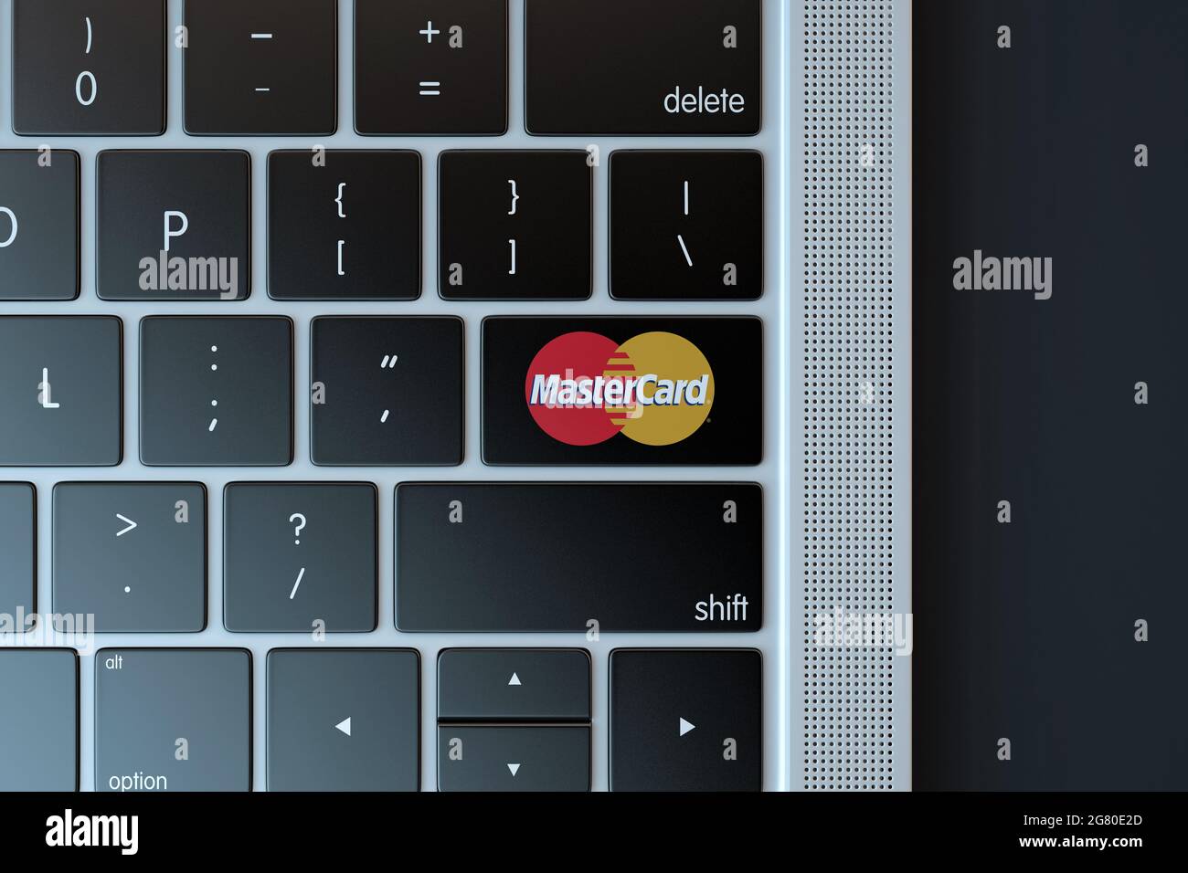Mastercard logo on laptop keyboard. 3D illustration. Illustrative ...