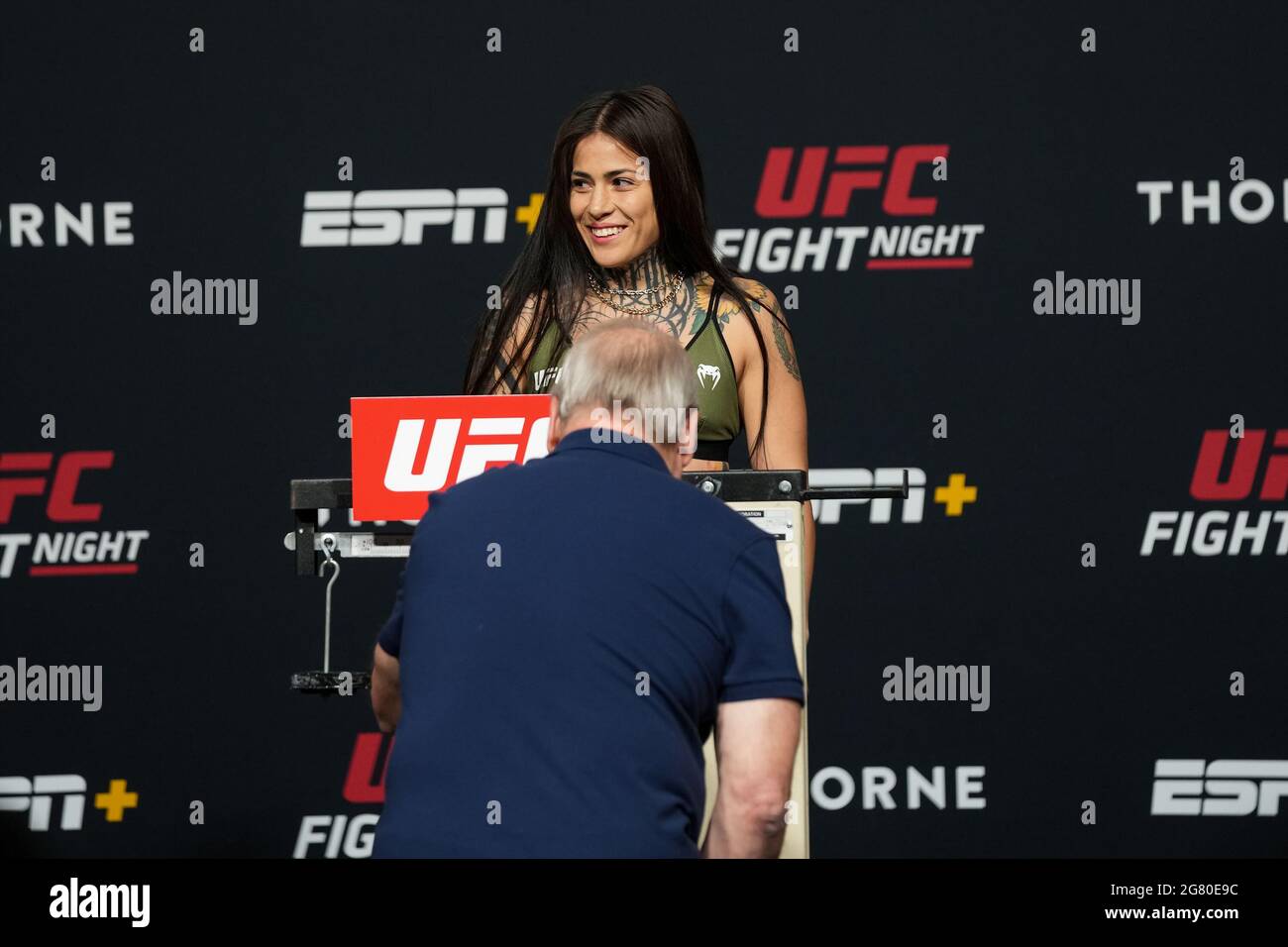 Las Vegas, USA. 16th July, 2021. Montserrat Ruiz steps on the scale for ...