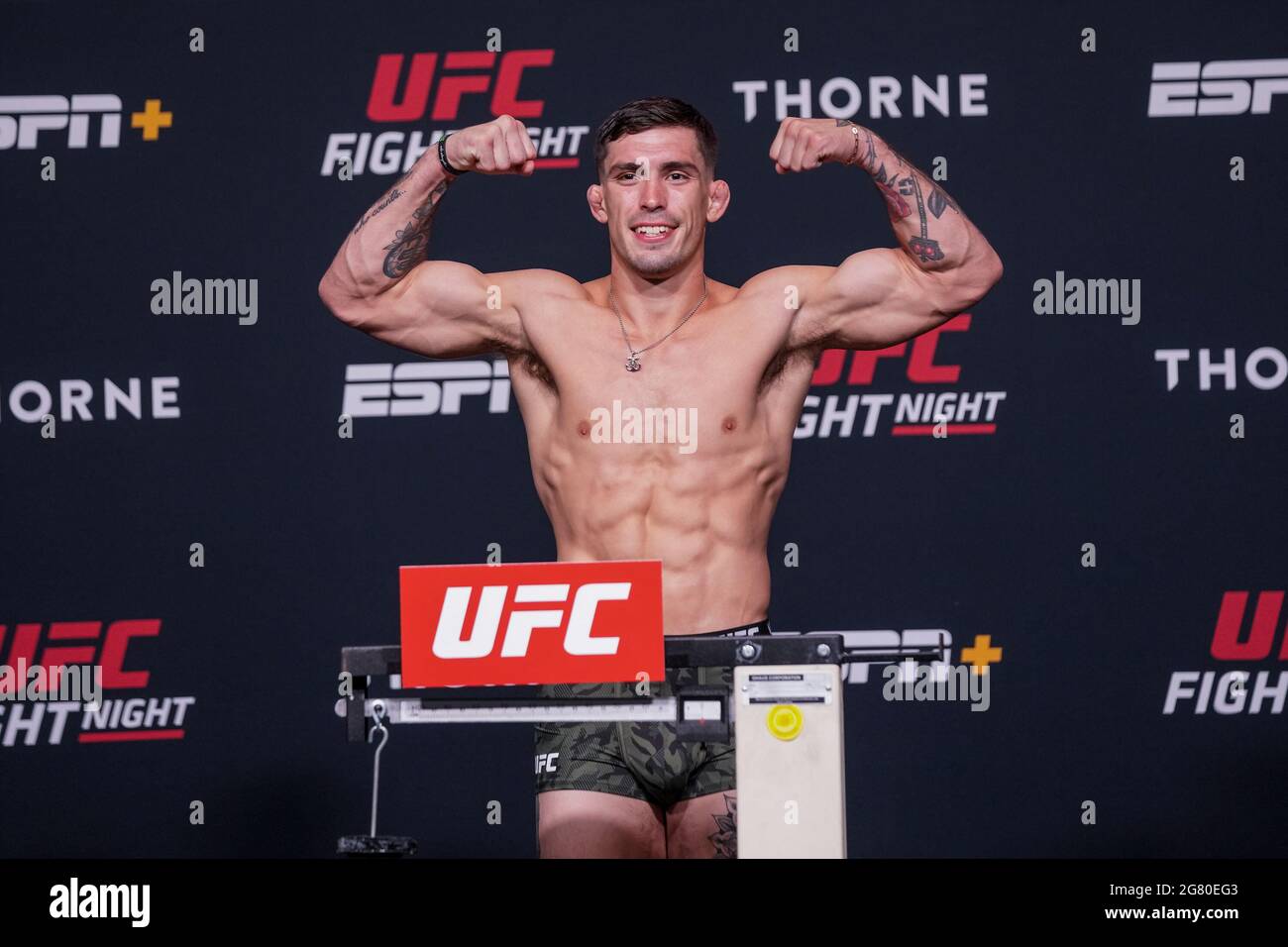 Las Vegas, USA. 16th July, 2021. Preston Parsons steps on the scale for ...