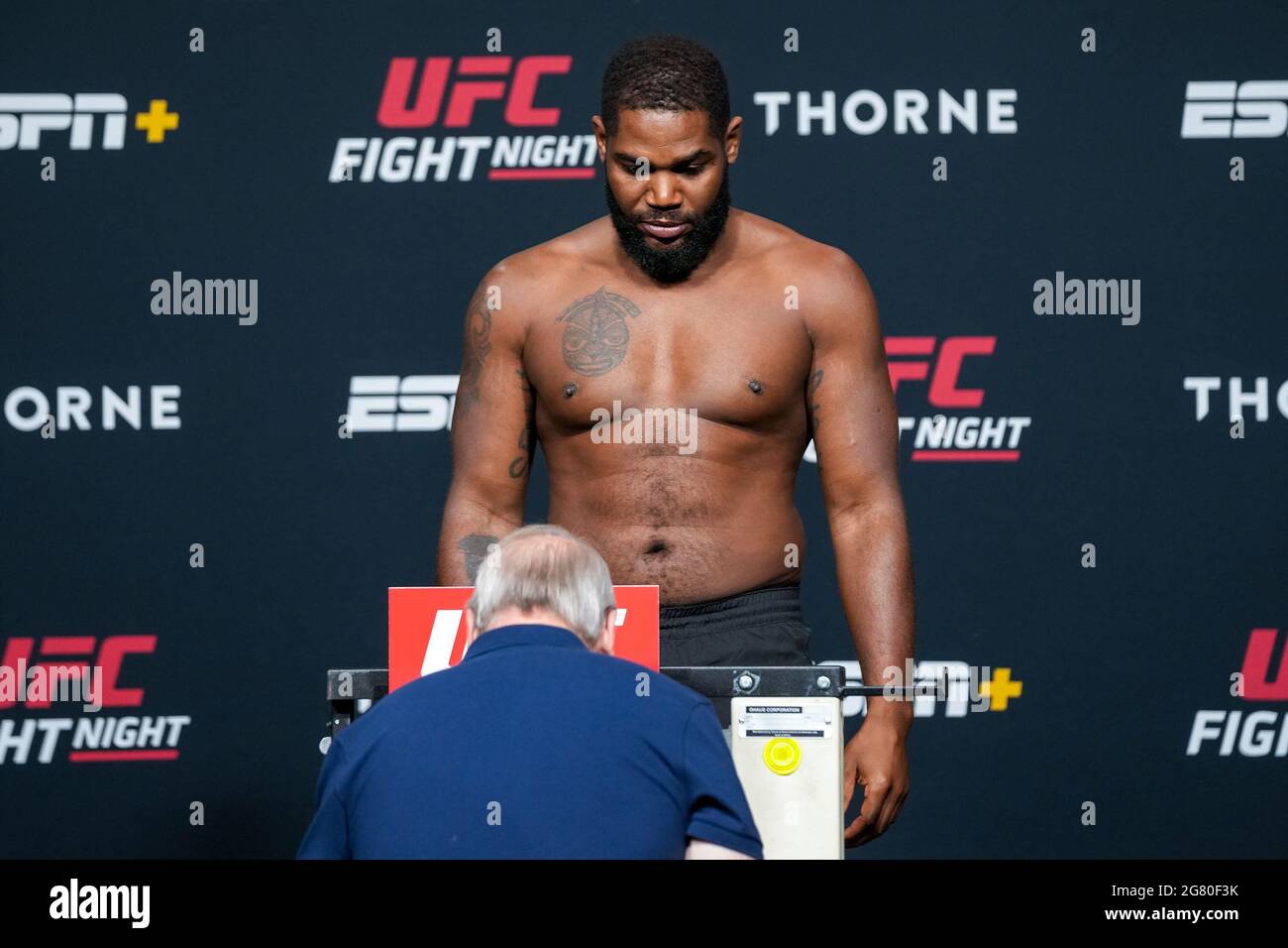 Las Vegas, USA. 16th July, 2021. Malcolm Gordon steps on the scale for ...