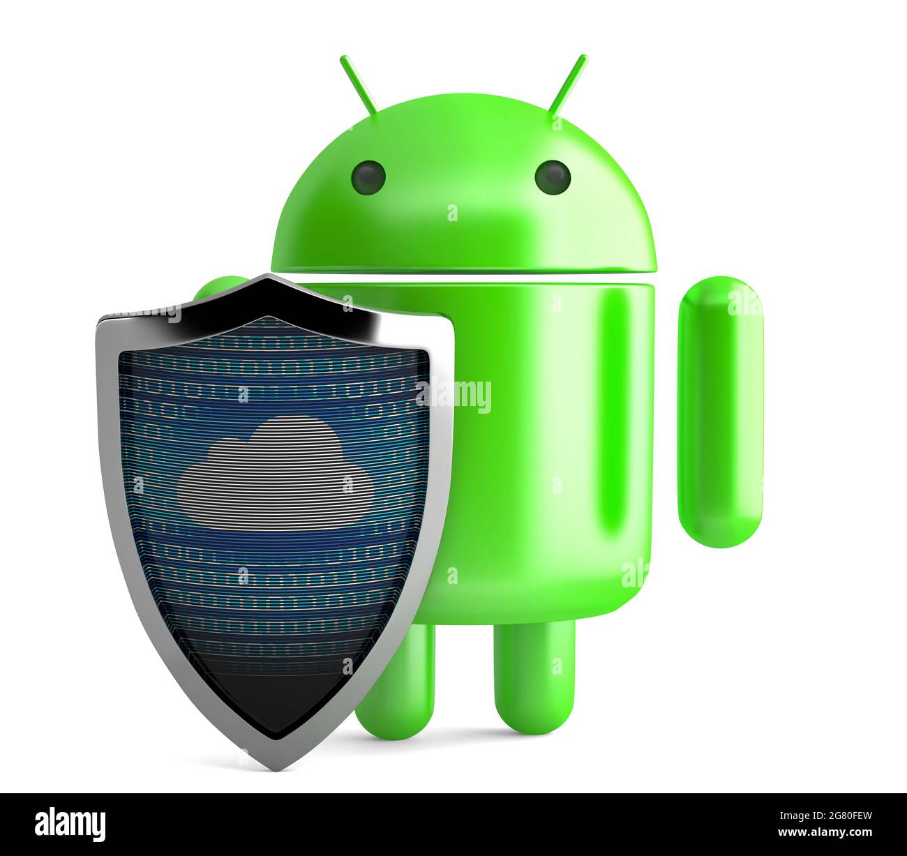 Android Robot with shield. Cloud Network Concept. 3D illustration ...