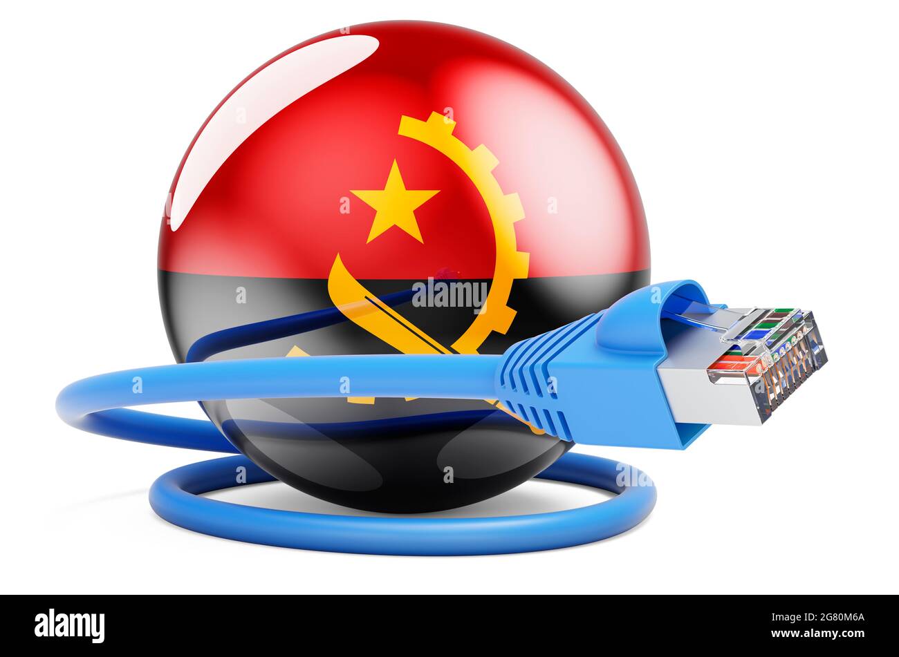 Internet connection in Angola. Lan cable with Angolan flag. 3D ...