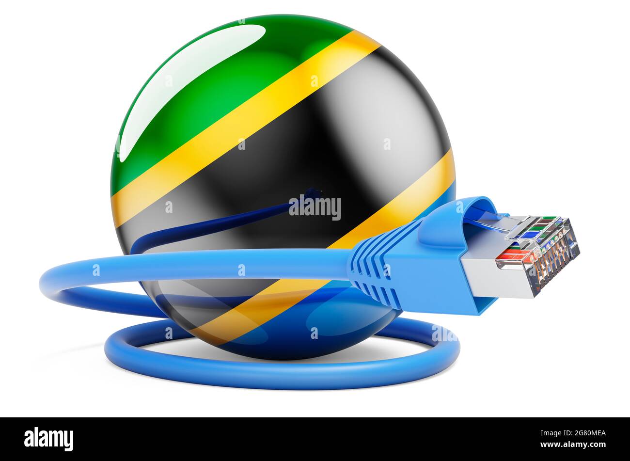 Internet connection in Tanzania. Lan cable with Tanzanian flag. 3D ...