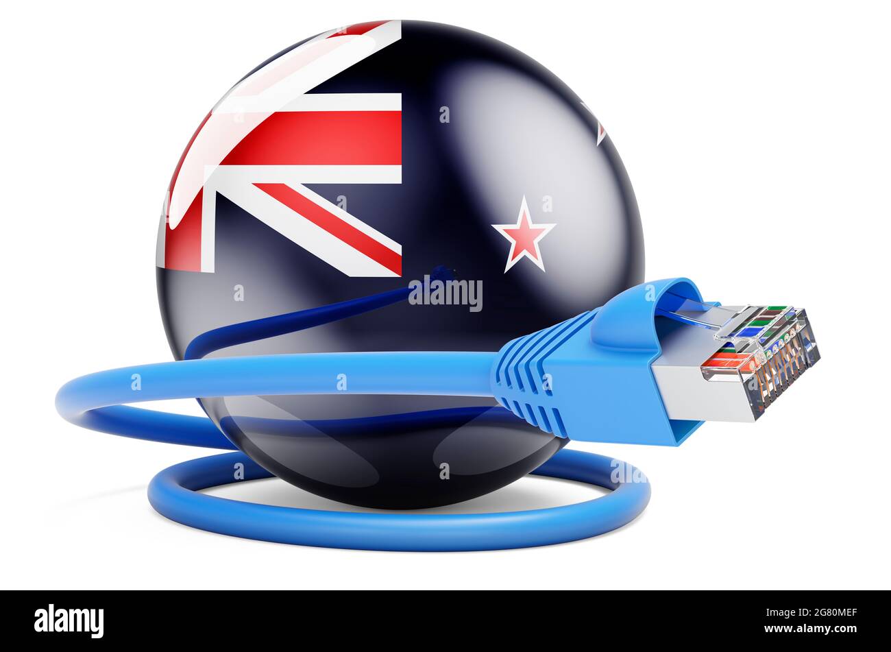 Internet connection in New Zealand. Lan cable with New Zealand flag. 3D ...