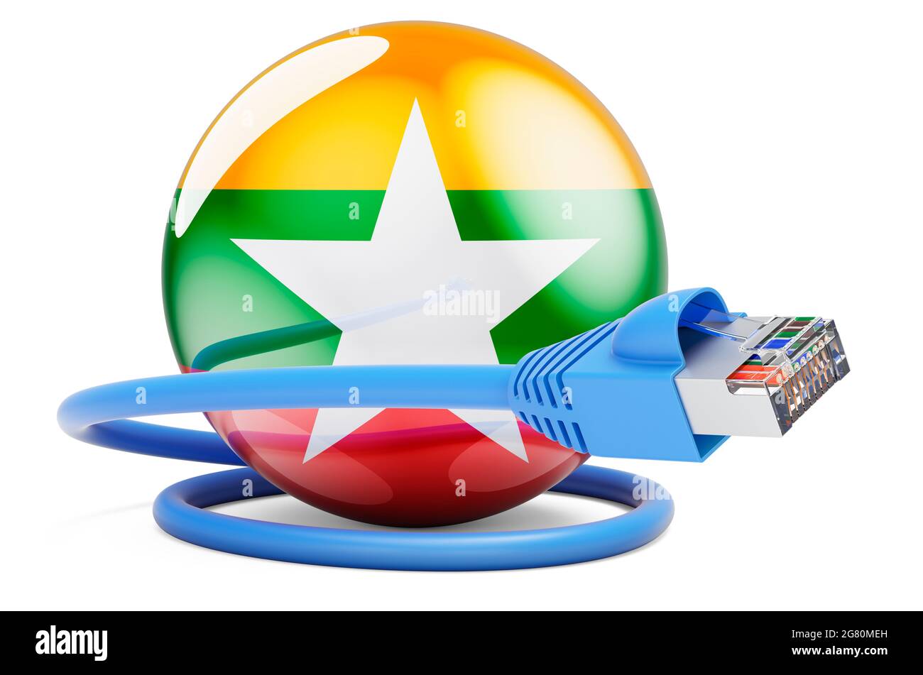 Internet connection in Myanmar. Lan cable with Myanmar flag. 3D ...