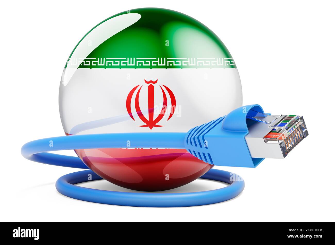 Internet connection in Iran. Lan cable with Iranian flag. 3D rendering ...