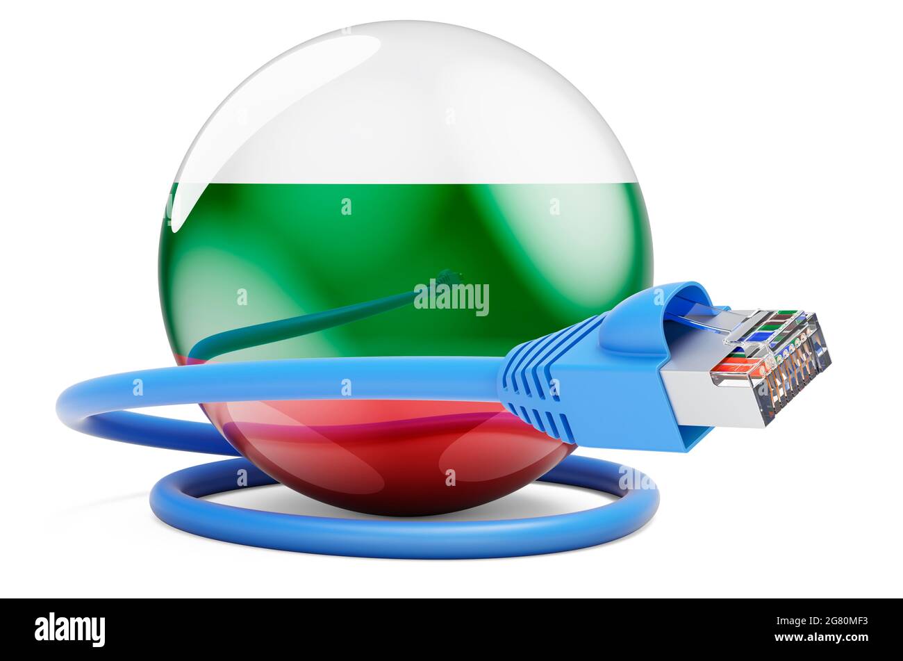 Internet connection in Bulgaria. Lan cable with Bulgarian flag. 3D ...