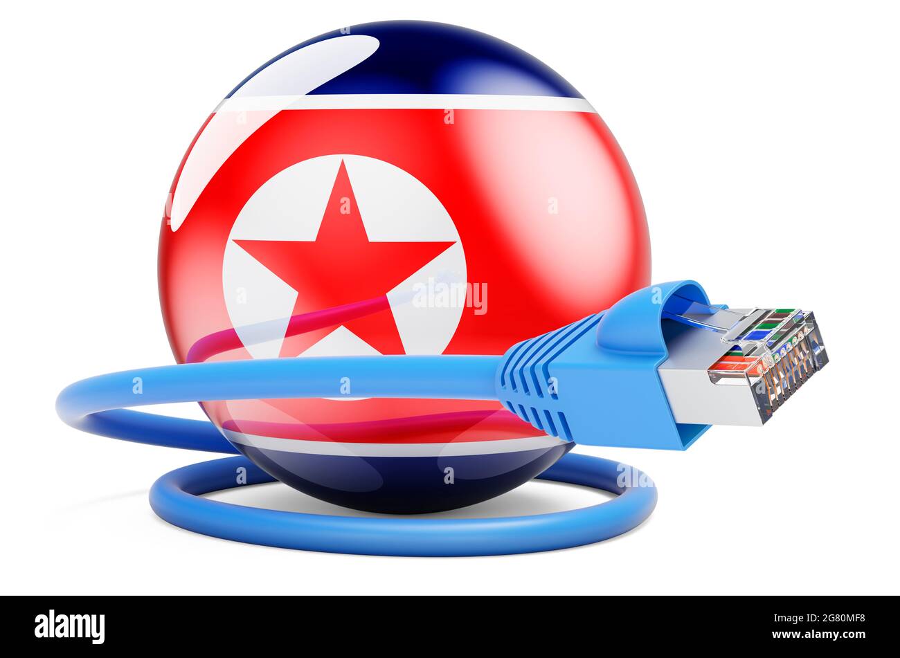 Internet connection in North Korea. Lan cable with North Korean flag ...