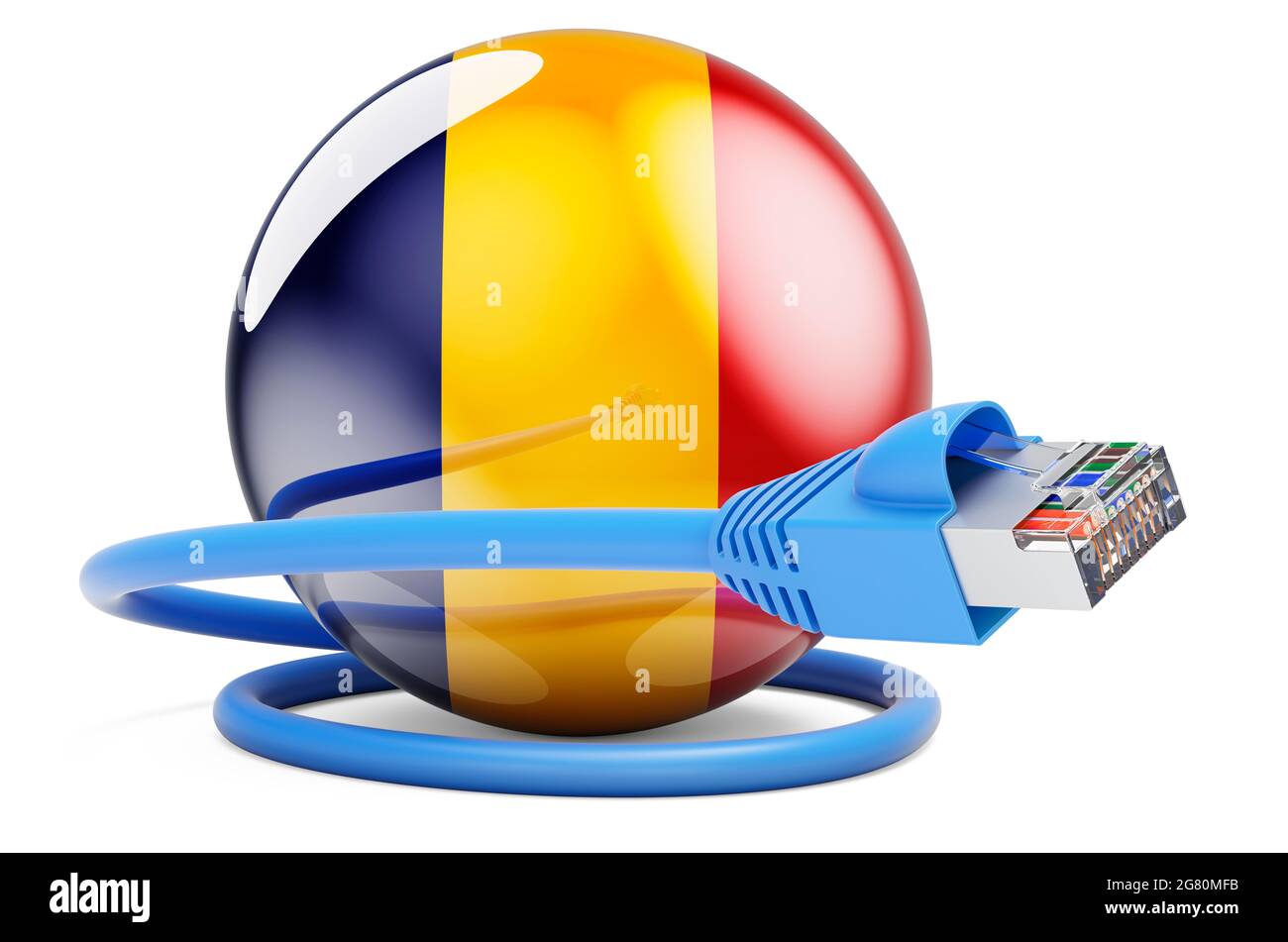 Internet connection in Romania. Lan cable with Romanian flag. 3D ...