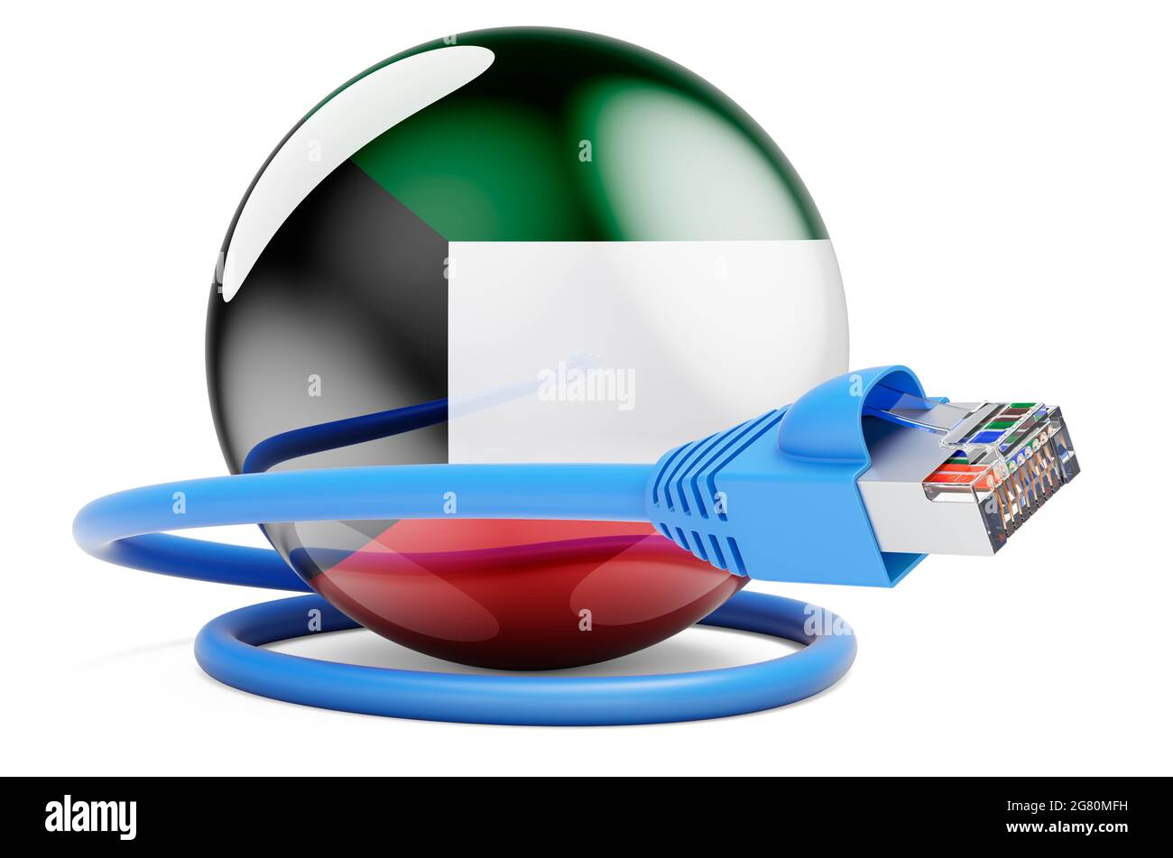 Internet connection in Kuwait. Lan cable with Kuwaiti flag. 3D ...