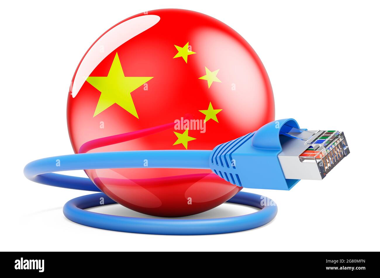 Internet connection in China. Lan cable with Chinese flag. 3D rendering ...