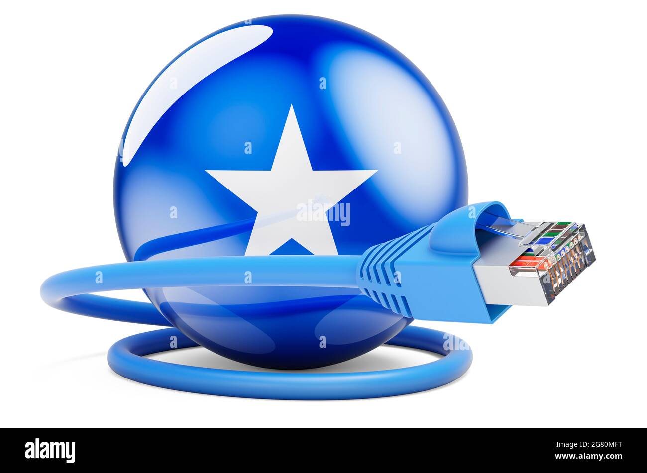 Internet connection in Somalia. Lan cable with Somali flag. 3D ...