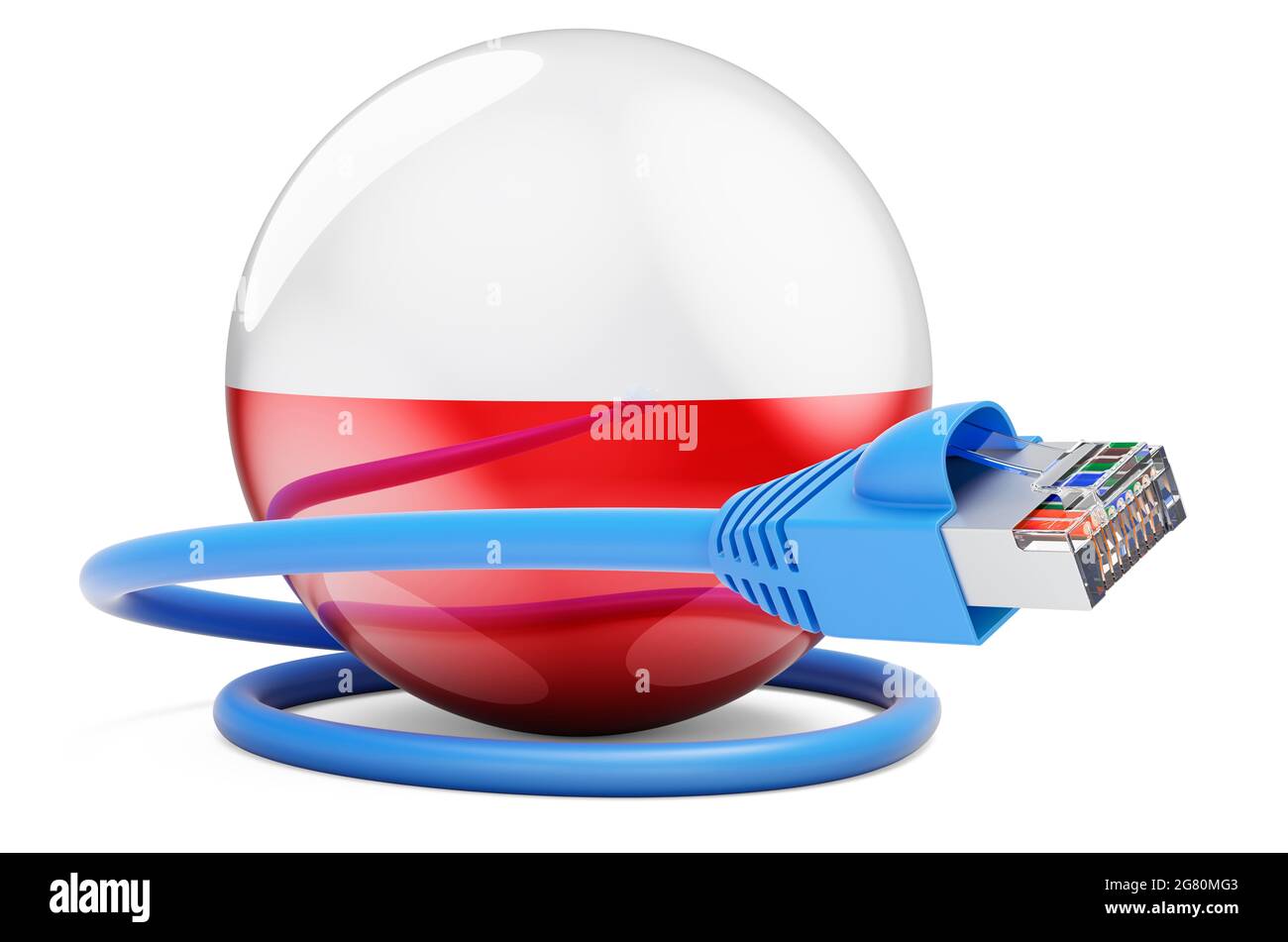 Internet connection in Poland. Lan cable with Polish flag. 3D rendering ...