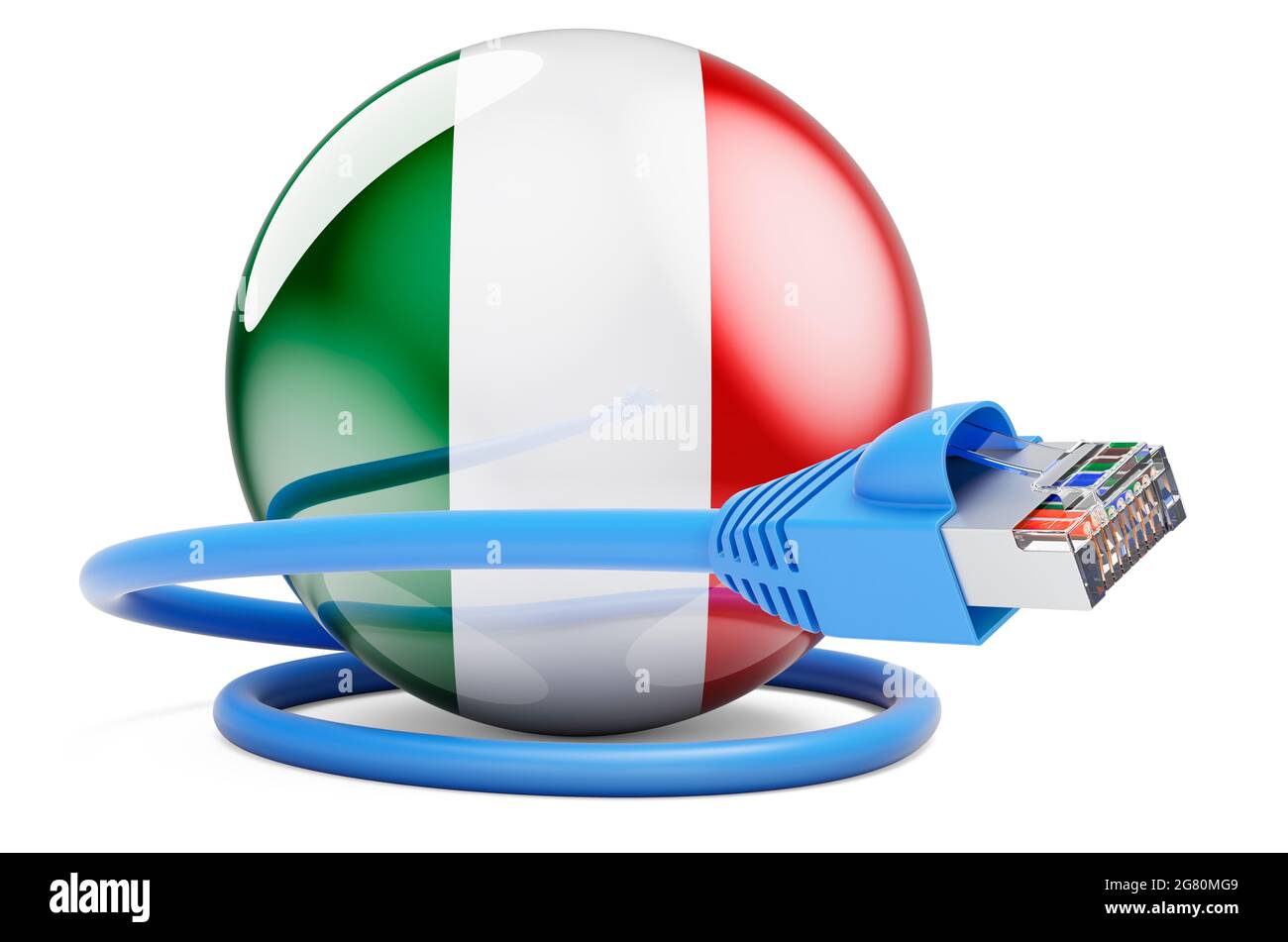 Internet connection in Italy. Lan cable with Italian flag. 3D rendering ...