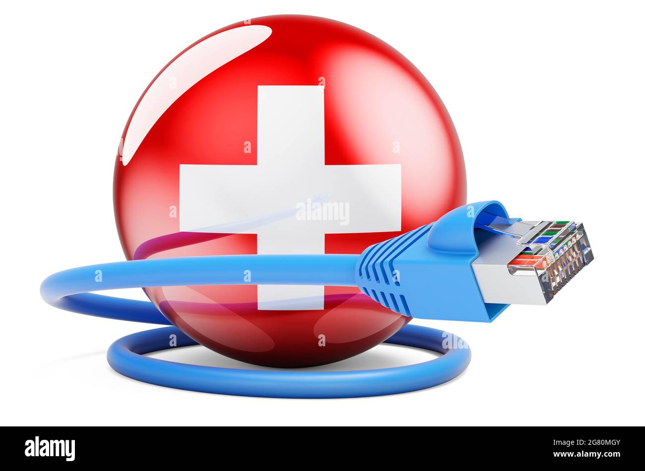 Internet connection in Switzerland. Lan cable with Swiss flag. 3D ...