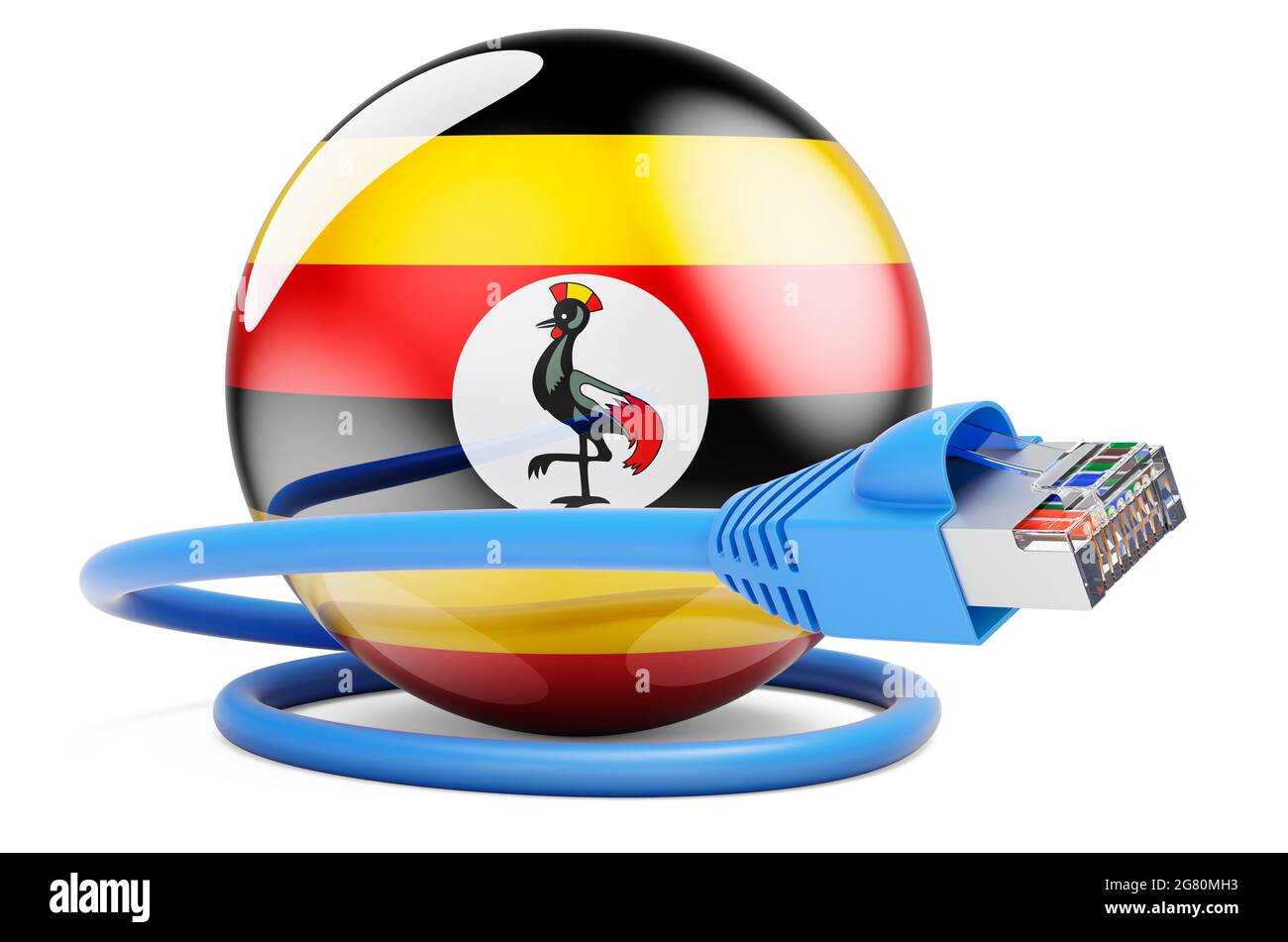 Internet connection in Uganda. Lan cable with Ugandan flag. 3D rendering isolated on white ...