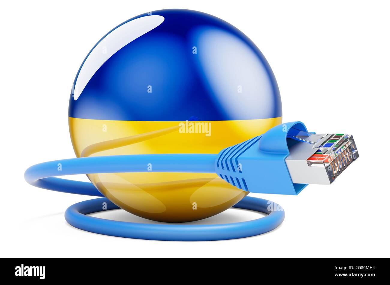 Internet connection in Ukraine. Lan cable with Ukrainian flag. 3D ...