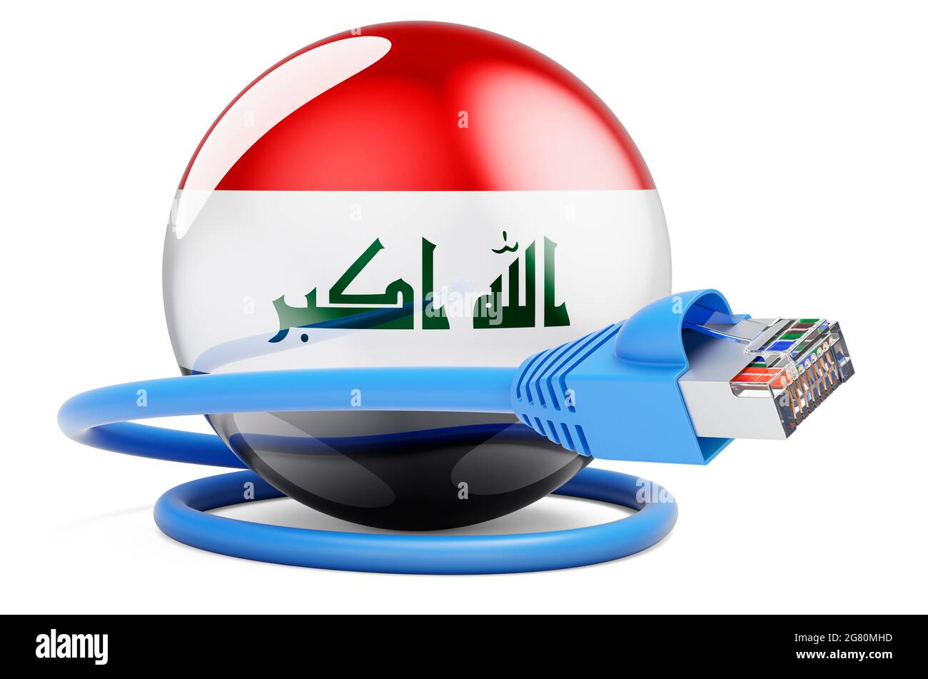 Internet connection in Iraq. Lan cable with Iraqi flag. 3D rendering ...