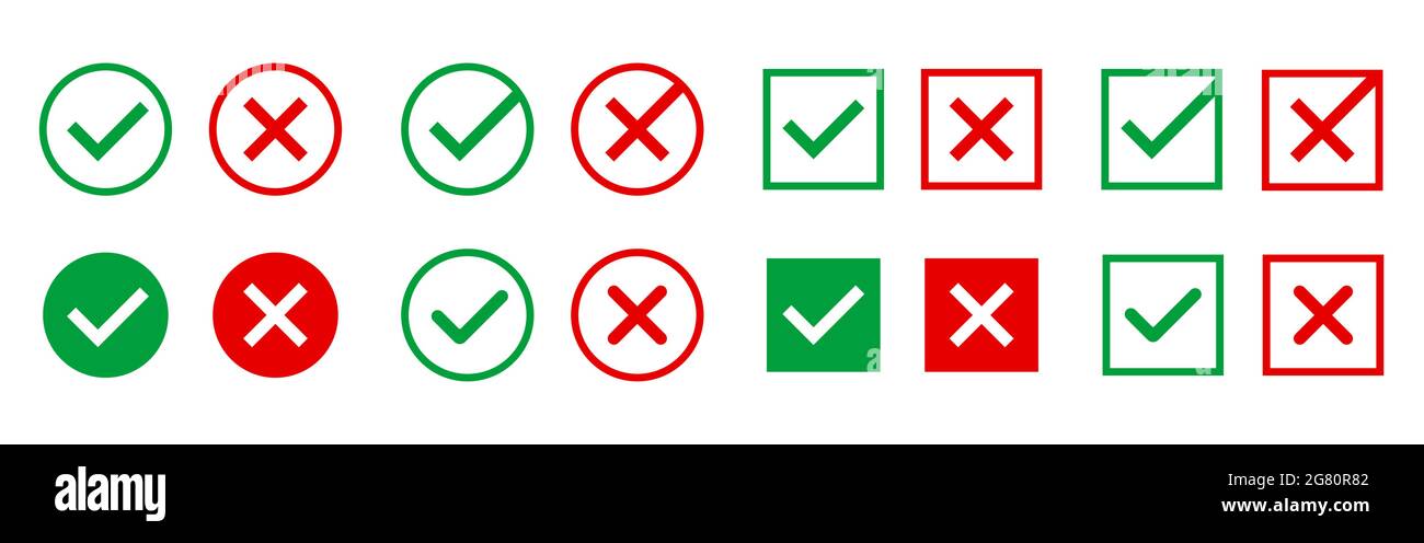 Approved and rejected icons. Green and red symbols on white background ...