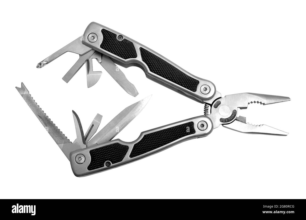 Stanless steel folded multi tool isolated on white background Stock ...