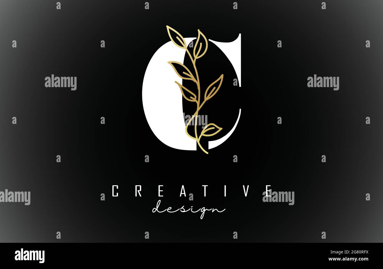 White C letter logo design with golden leaves branch vector ...