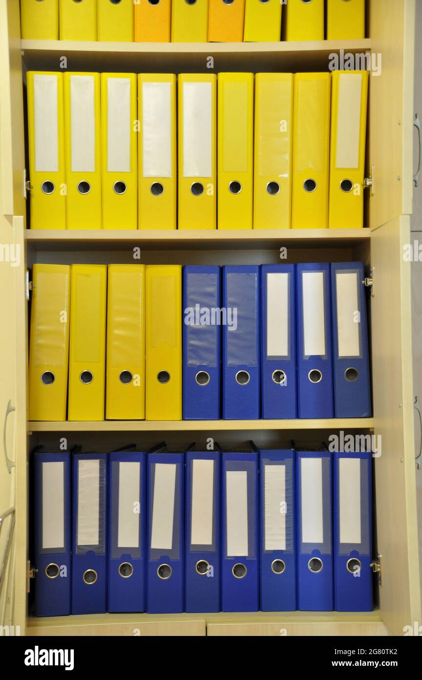 Blue and yellow files in a wooden cabinet in the modern office, office ...