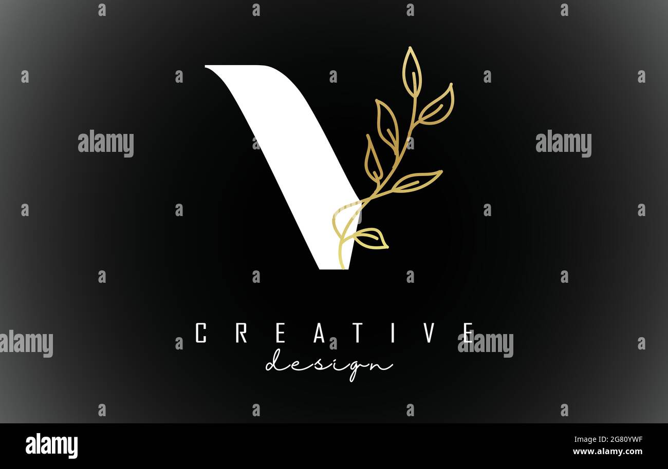 White V letter logo design with golden leaves branch vector ...