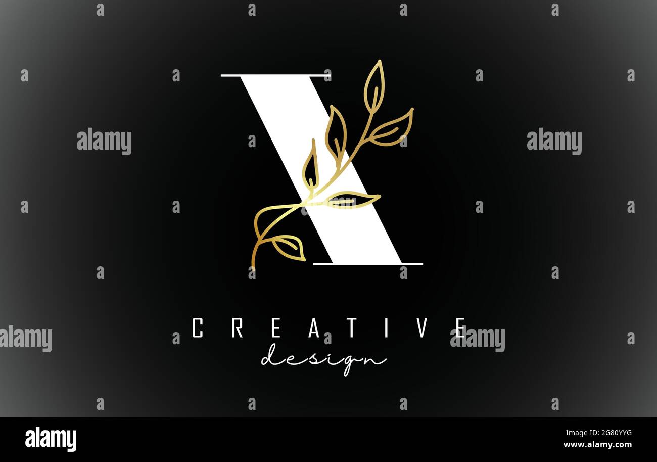 White X letter logo design with golden leaves branch vector ...