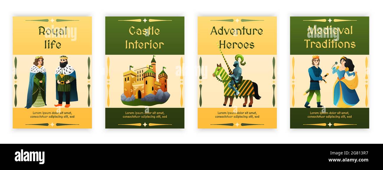 Medieval kingdom 4 flat posters set with royal couple traditions heroes ...