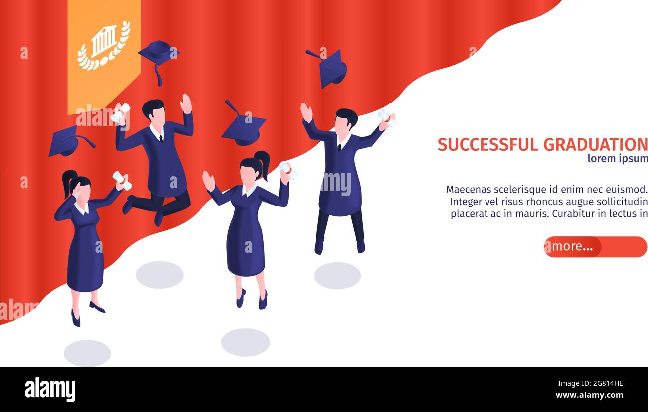 Isometric graduation diploma horizontal banner with group of happy ...