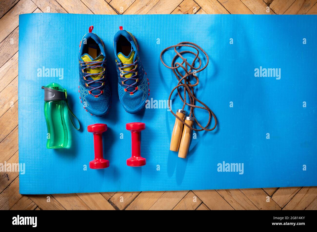 Cardio set. Cardio as a lifestyle. Items for cardio training. Top view ...