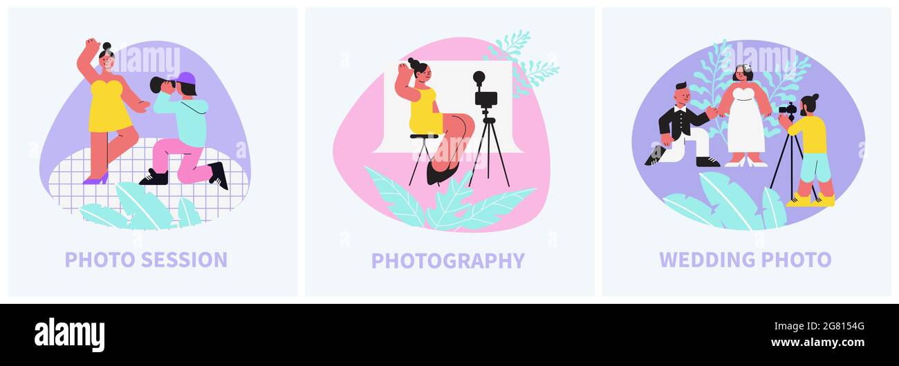 Set with three square photo session compositions with flat images human ...