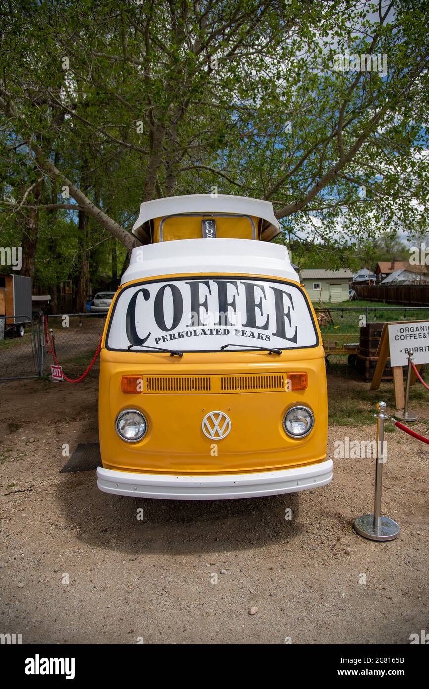 Roadside coffee business in a bright yellow VW van with an over-sized ...