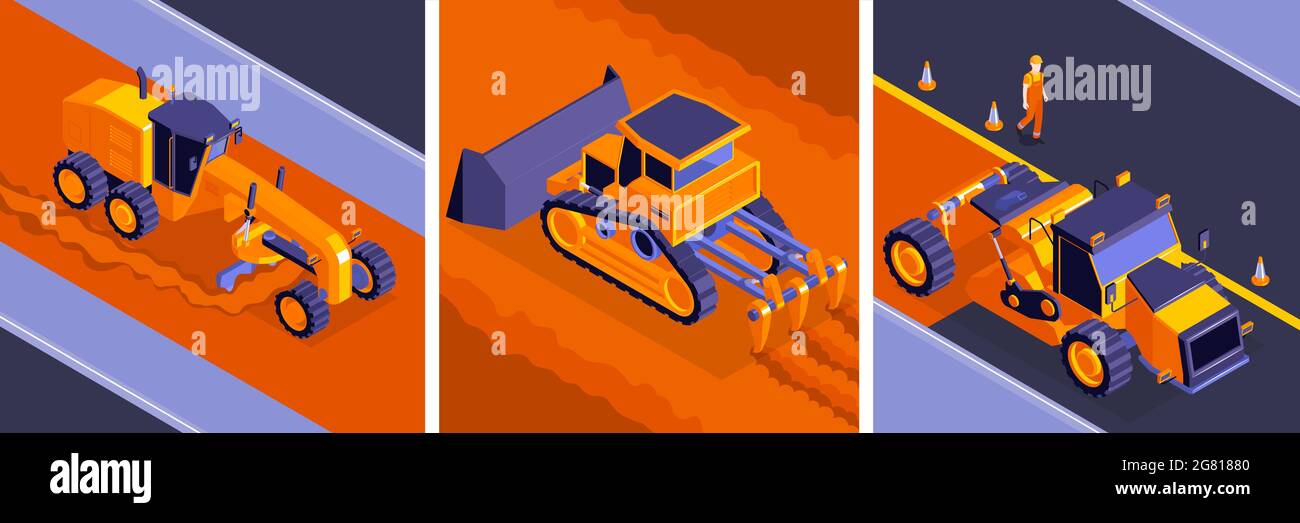 Isometric road construction design concept with square compositions of ...