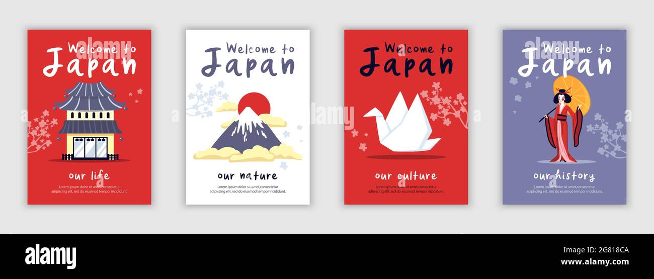 Four isolated posters on theme of japan life history culture nature ...