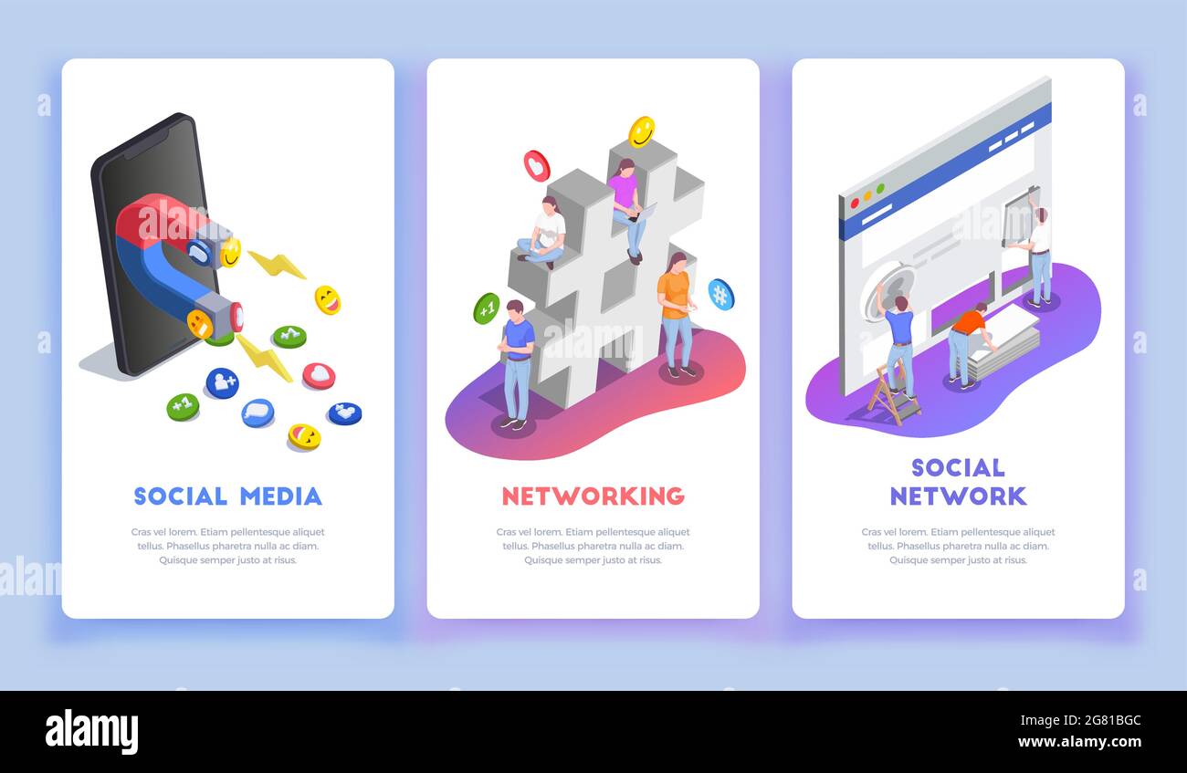 Social network isometric vertical banners set with conceptual images ...