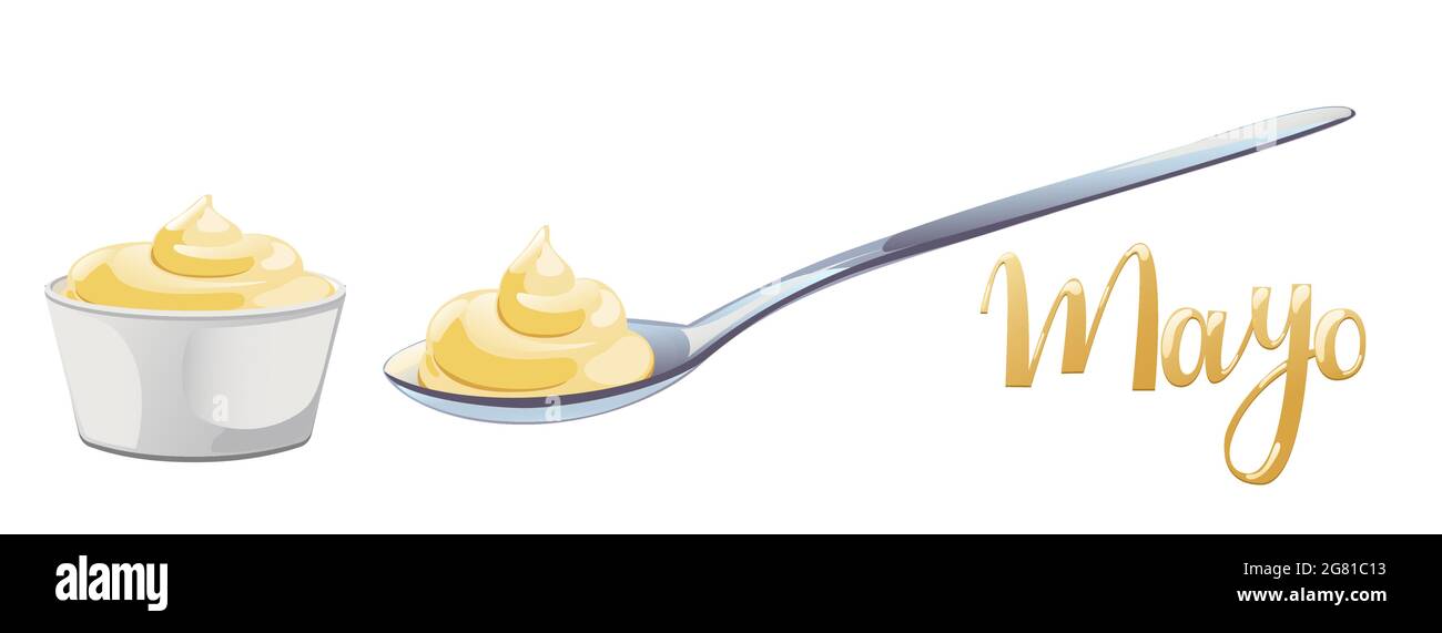 Mayonnaise in metal spoon in catroon flat style. Portion of sauce ...