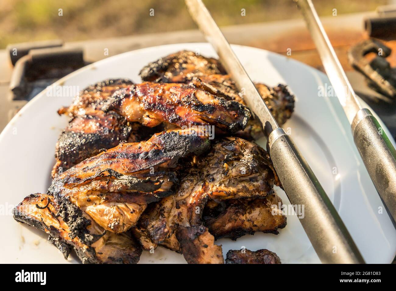 Marinated and outdoor grilled chicken thighs Stock Photo - Alamy