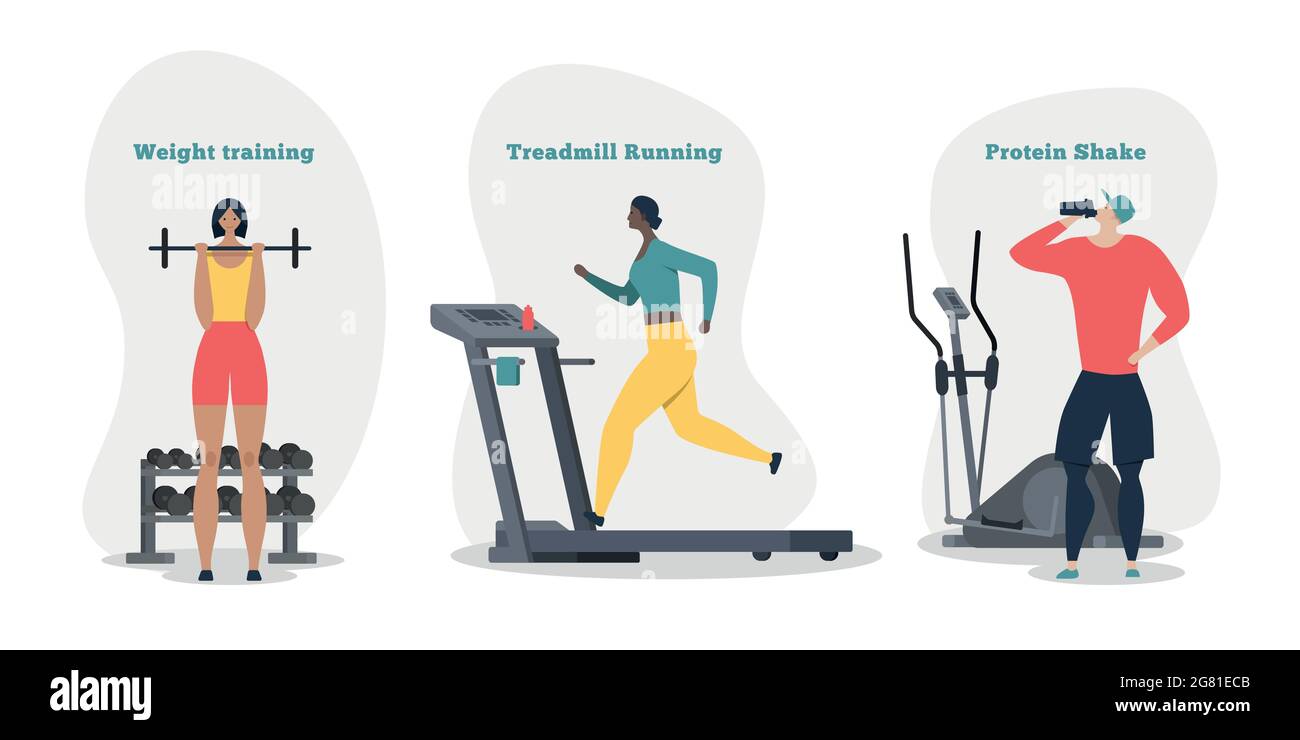 Sport people compositions with human characters working out with weight ...