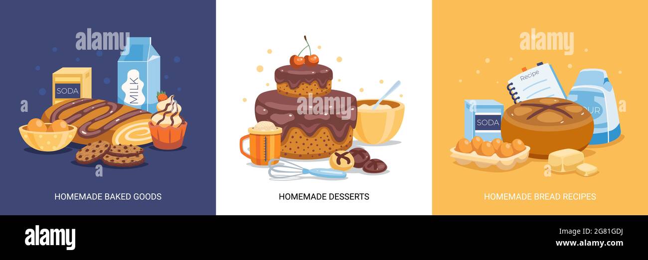 Homemade cooking design concept set of three isolated square ...