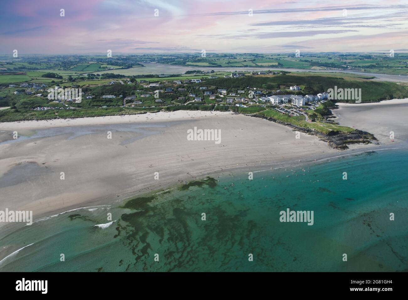 Aerial view of Inchydoney beach near Clonakilty in Ireland with people ...