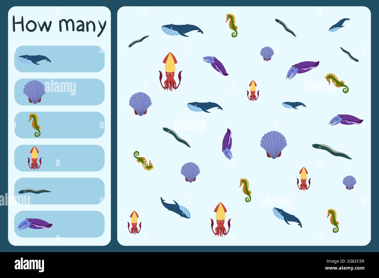 Kids mathematical mini game - count how many sea animals - whale, shall ...