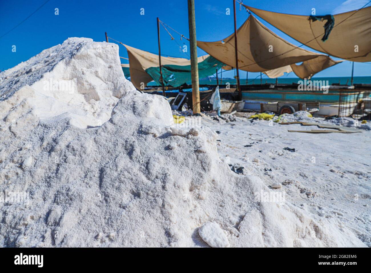 Mound of white salt, this salt was extracted from the sea in the Kino ...