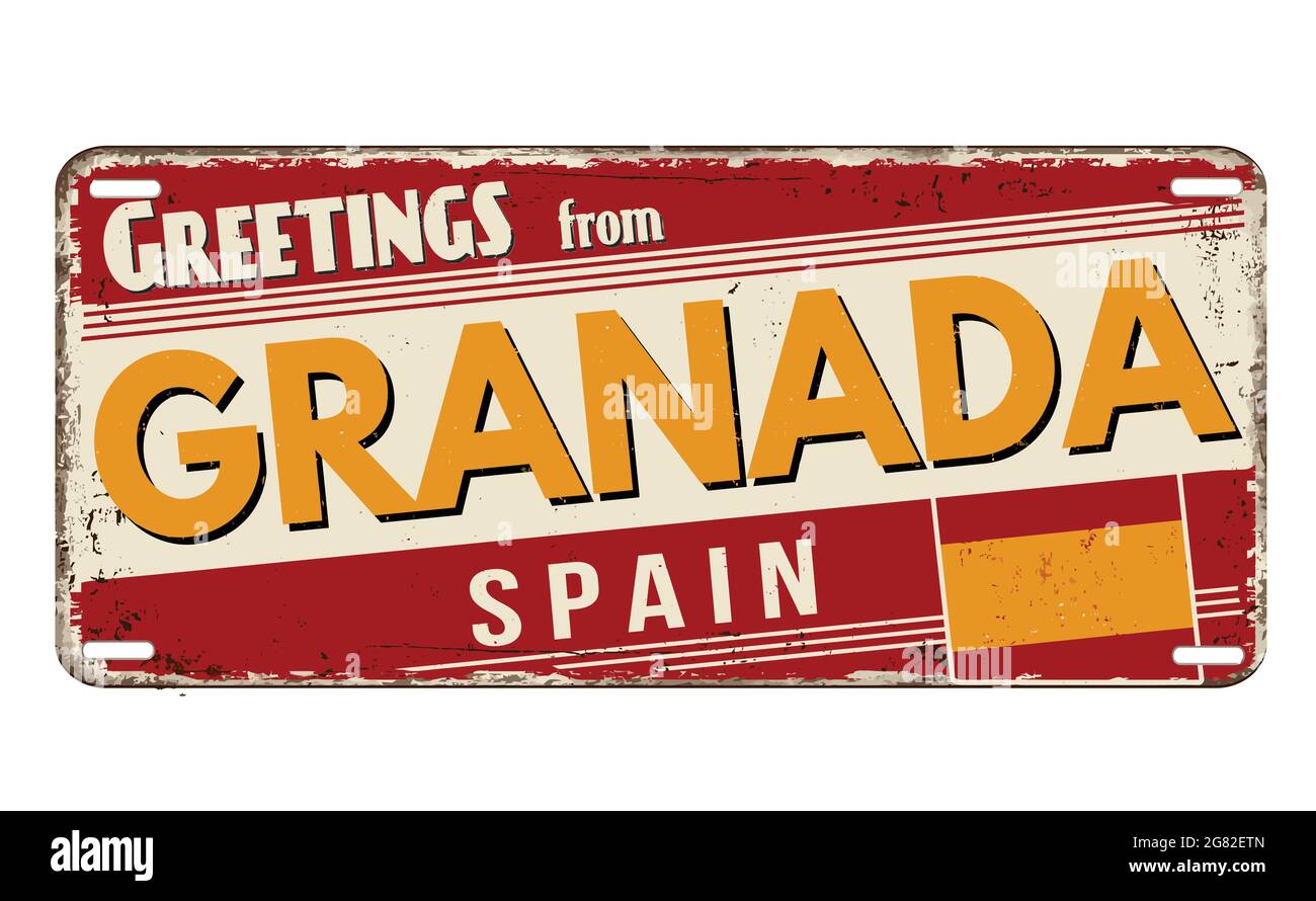 Greetings from Granada vintage rusty metal plate on a white background ...