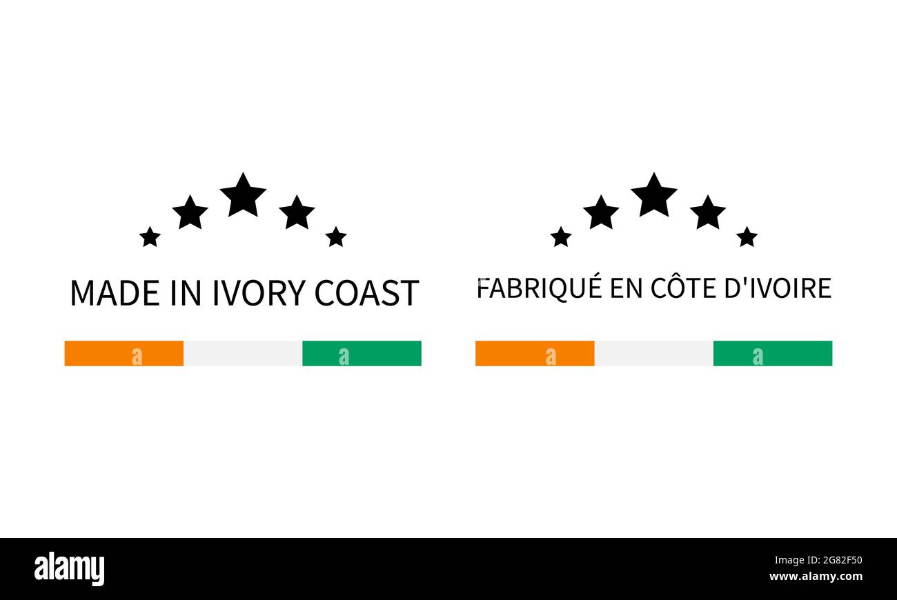 Made in Ivory Coast labels in English and in French languages. Quality ...