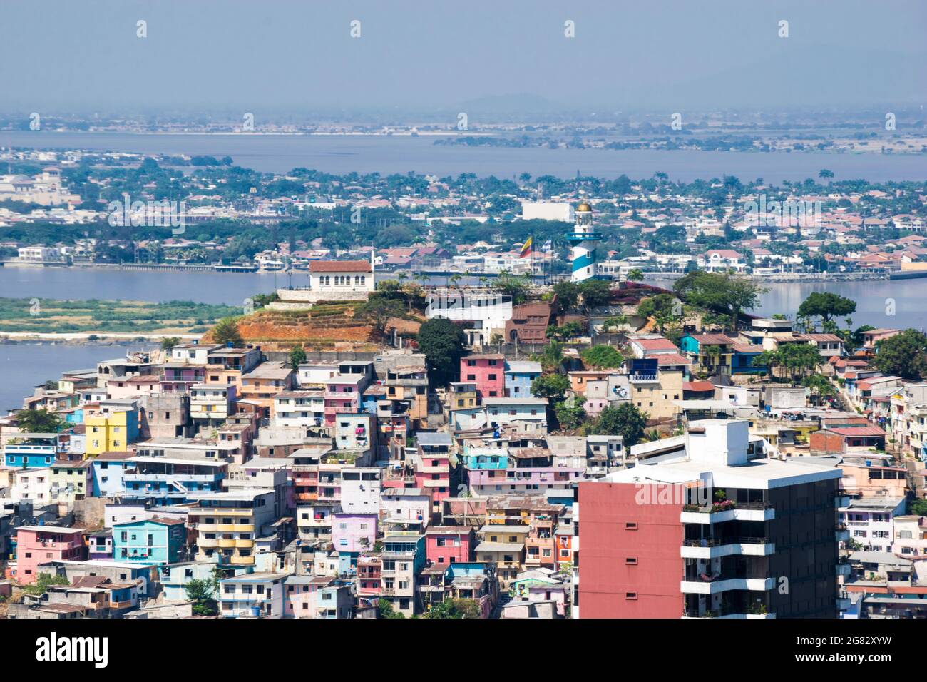 Aerial drone view of Guayaquil City in Ecuador. A look over downtown ...