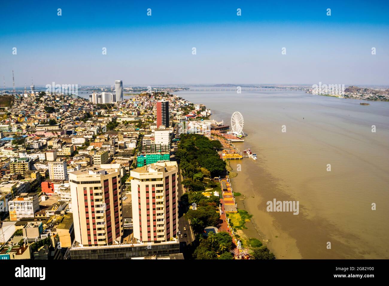 Aerial drone view of Guayaquil City in Ecuador. A look over downtown ...