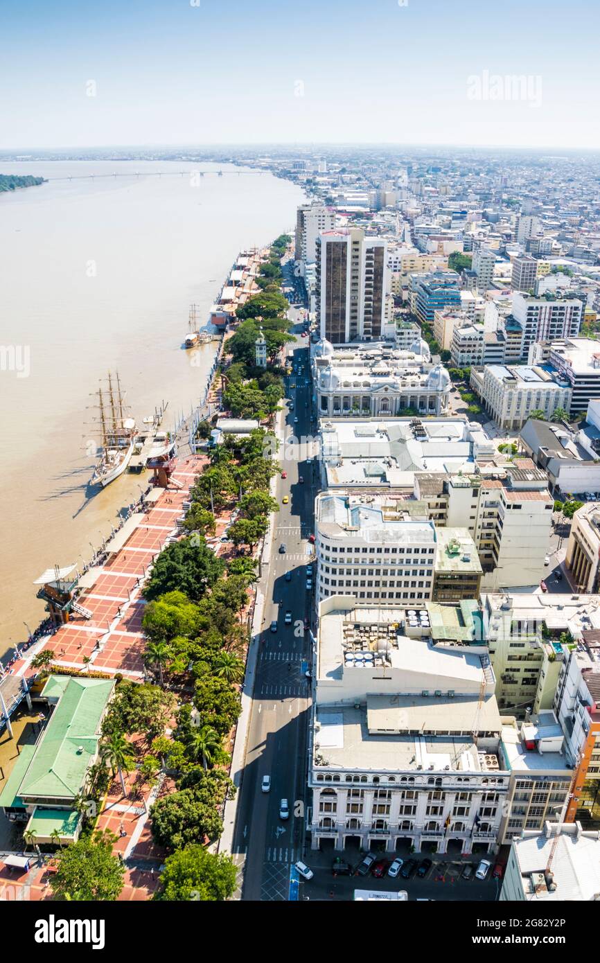 Aerial drone view of Guayaquil City in Ecuador. A look over downtown ...