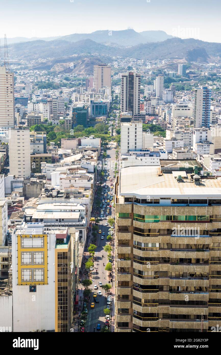 Aerial drone view of Guayaquil City in Ecuador. A look over downtown ...